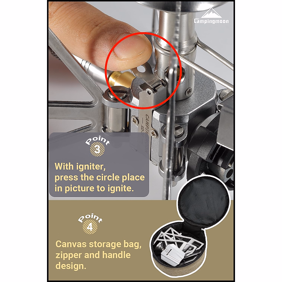 CAMPINGMOON Butane Camping Stove Portable Regulator Single Burner w/Storage Bag XD-3 (Silver w/igniter)