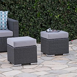 GDFStudio Outdoor 16 Inch Grey Wicker Ottoman Seat with Silver Water Resistant Cushion (Set of 2)