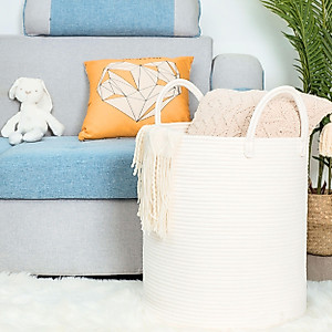 MINTWOOD Design Large 18 x 16 Inches Decorative Woven Cotton Rope Basket, Tall Laundry Basket Hamper, Blanket Basket for Living Room, Storage Baskets for Toys, Towel, Throw, Pillow, Creamy White