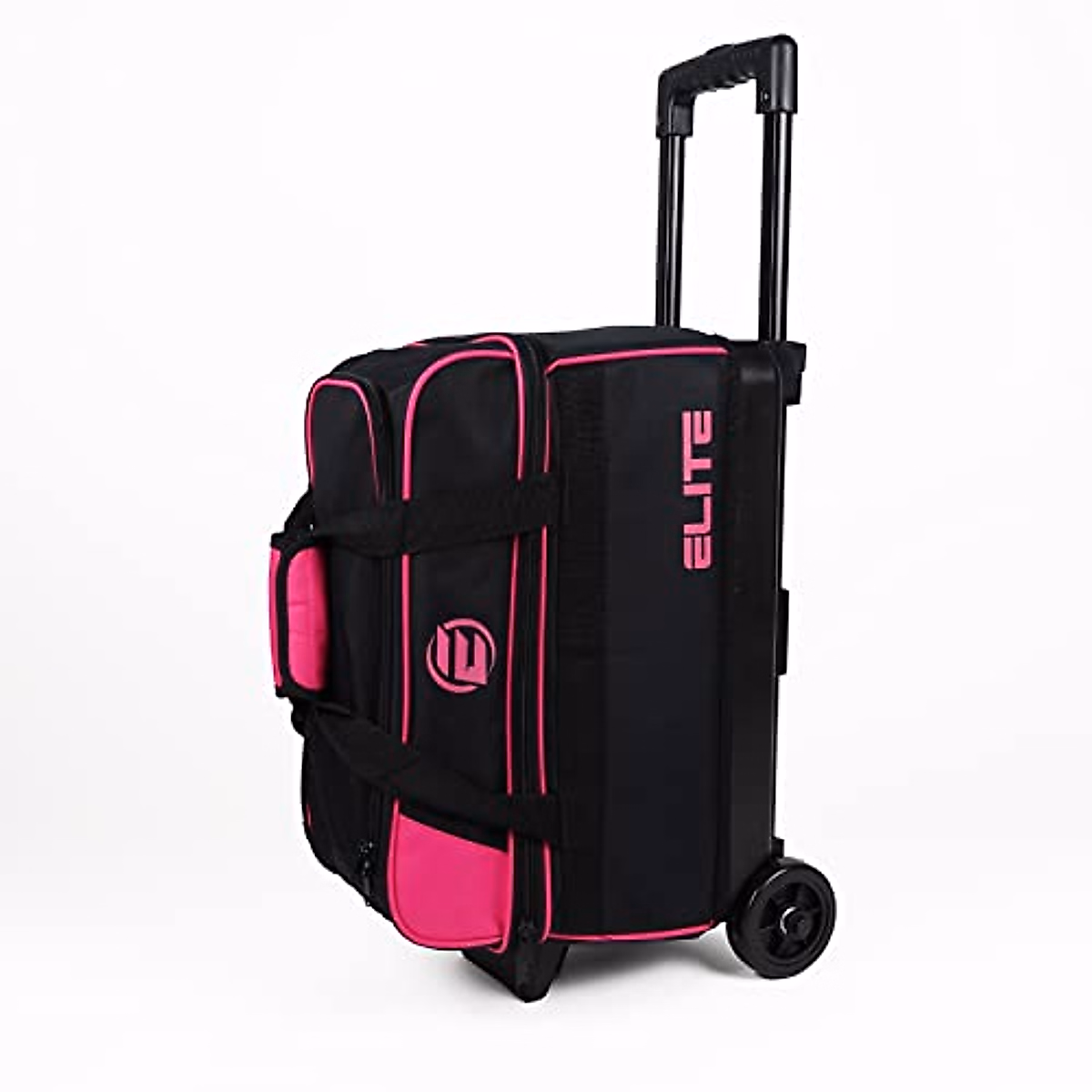 Elite Basic Double Roller 2 Ball Bowling Bag with Wheels | Large Top Pocket for Accessories or Bowling Shoes up to size 15 | Retractable Handle Extends to 37" (Pink)