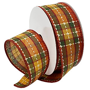 Morex Ribbon Wired Linen Harvest Plaid Ribbon, 1.5 inch by 10 Yards, Orange, 7794.40/10-62020