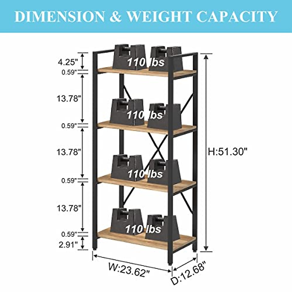 BON AUGURE Industrial 4 Tier Bookshelf, Modern Open Etagere Bookcase, Heavy Duty Book Shelves, Wood Metal Shelving Unit for Living Room, Bedroom and Office (Vintage Oak)