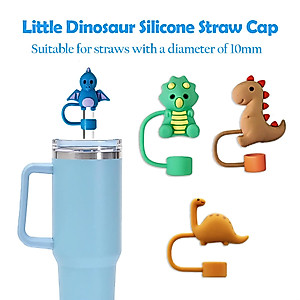 4 Pack Dinosaur Straw Cover Cap for Stanley Cup 30&40 Oz Tumblers, 0.4in/10mm Silicone Straw Topper Protector Lid with Cute Dinosaurs Kids Cup Accessories