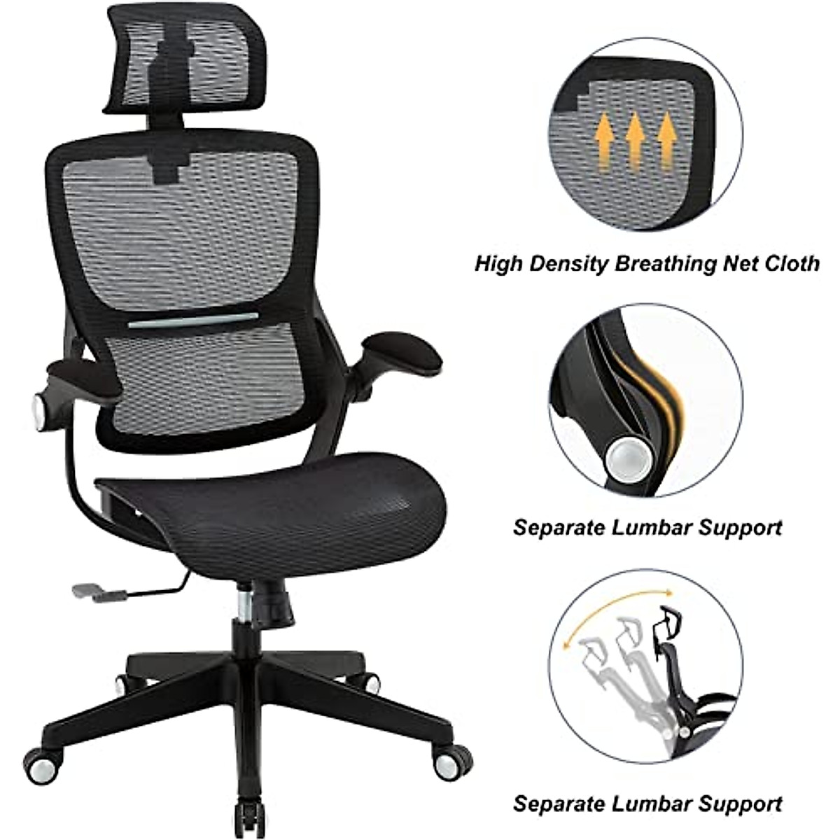 Office Chair Ergonomic Desk Chair - Curved Linear Mesh Seat Lumbar Support HighBack Computer Chair with Headrest Flip-up Armrests, Adjustable Height & Tilt Home Chairs, Swivel Executive Task Chair