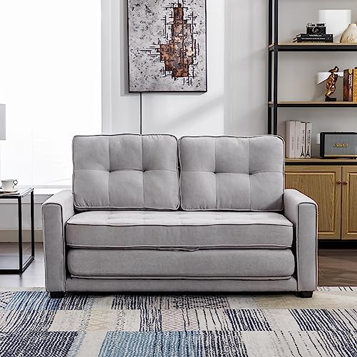 3 Fold Upholstered Futon Sofa Convertible Floor Sofabed ,Foldable Tufted Loveseat with Pull Out Sleeper Couch Bed, Space Saving Love Seat Daybed W/Side Pockets for Apartment Office Home Living Room