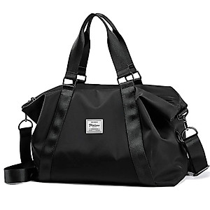 Travel Duffel Bag,Sports Tote Gym Bag,Shoulder Weekender Overnight Bag for Women with Wet Pocket,Black(No Luggage Strap)