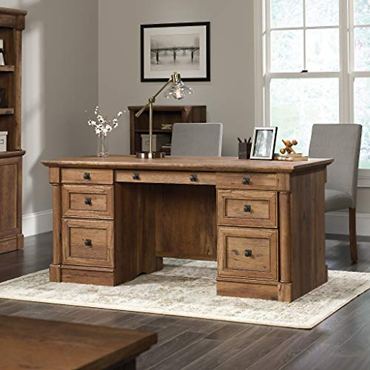 Sauder Palladia Executive Desk, Vintage Oak Finish & Trestle 5-Shelf Bookcase, Vintage Oak Finish