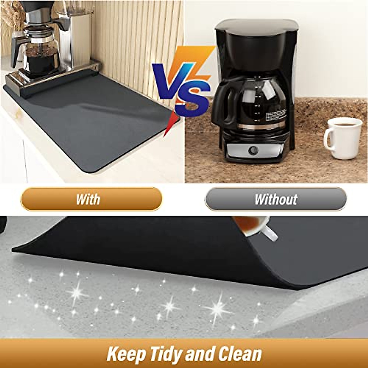 2Pcs Coffee Mat Hide Stain, 15.7*19.7 Inch PU Surface Inner Water Absorted Non Slip Rubber Backed Dish Drying Mat for Kitchen, Coffee Mats for Countertop Fit Under Coffee Machine Coffee Pot