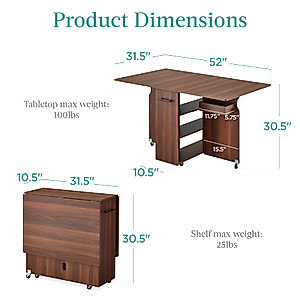 Best Choice Products Folding Dining Table, Multipurpose Space Saving Collapsible Drop Leaf Extension Desk w/Wheels, 3 Storage Shelves - Brown