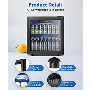 Joy Pebble Beverage Refrigerator Cooler 1.3 Cu.Ft, 12 Bottle 55 Can - Mini Fridge with Glass Door for Beer Drinks Wines,Freestanding beverage fridge with Adjustable Shelving