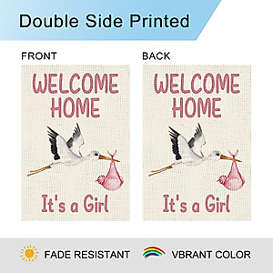 DLZDN Welcome Home Baby Girl Garden Flag Baby Shower Garden Flag 12×18 Inch Double Sided Burlap Flag Newborn Gender Reveal Lawn Yard Sign Stork Outdoor Decoration
