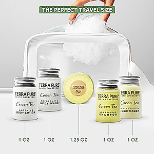 Terra Pure Hotel Soaps and Toiletries Bulk Set | 1-Shoppe All-In-Kit Amenities for Hotels | 1oz Hotel Shampoo & Conditioner, Body Wash, Body Lotion & 1.25oz Bar Soap Travel Size Toiletries | 75 Pieces