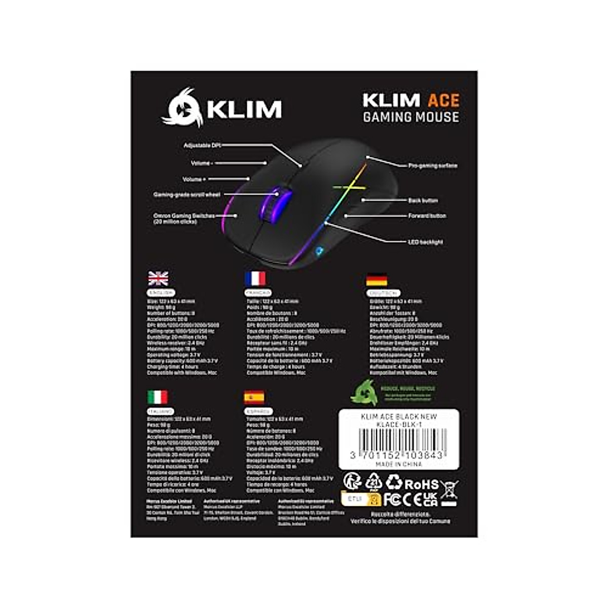 KLIM Ace - Rechargeable Wireless Gaming Mouse RGB + New Version + High-Precision Sensor & Breathtaking RGB Effect + 8 Customizable Buttons + Ambidextrous + Wired and Wireless Mouse for PC Mac PS4 PS5