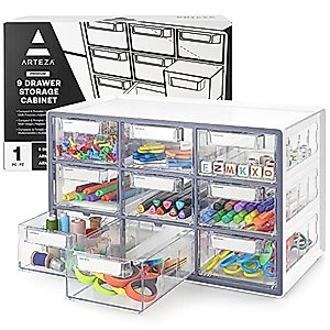 ARTEZA 9 Drawer Storage Cabinet, 16.1 x 9.3 x 9.8 inches, White, Plastic Drawers? with Stoppers, ?Multi Compartment Organizer for Makeup and Art Supplie