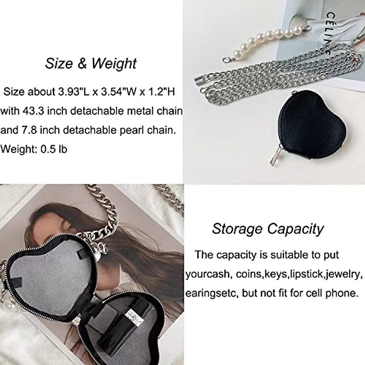 Zenosy Black Clutch Purses for Women Glitter Evening Bags Ladies Mini Handbags Chain Belt for Dress with Detachable Leather Wedding Party