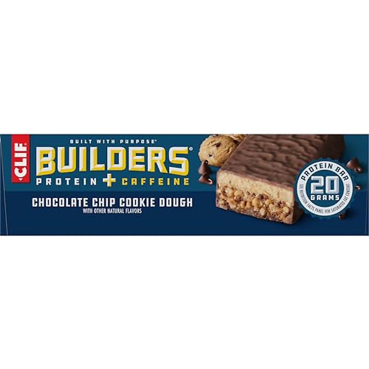 CLIF Builders + Caffeine - Chocolate Chip Cookie Dough Flavor - Protein Bars - Gluten-Free - Non-GMO - Low Glycemic - 20g Protein - 2.4 oz. (12 Count)