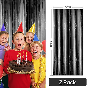 Isaspire 2 Pack Foil Fringe Backdrop Curtains, Tinsel Backdrop Door Fringe, Streamer for Birthday Graduation Bachelorette Halloween Christmas Party Decorations and Photo Booth Props- Glossy Black
