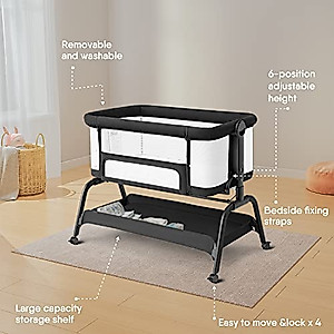 BabyBond Baby Bassinet, 3 in 1 Bassinet Bedside Sleeper with Soft Mattress and Sheet, 6 Height Adjustable Cosleeper Bedside Crib, 4-Sided Mesh Bedside Bassinet for Baby