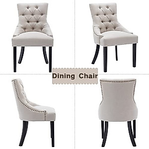 CIMOO Linen Dining Chairs Set of 2 Mid Century Modern Tufted Accent with Solid Wooden Legs Nailhead Trim Room Leisure Padded side for Room/Kitchen/Living Room, Beige, Linen-beige-2pcs
