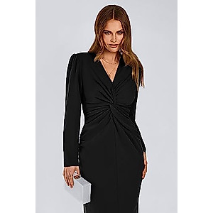 PRETTYGARDEN Women's Fall Fashion 2023 Long Puff Sleeve Maxi Dresses V Neck Twist Front Formal Dress with Slit (Black,Medium)