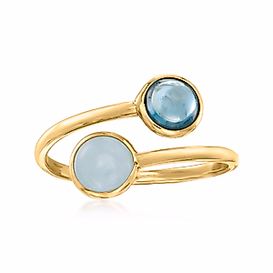 Ross-Simons Italian .90 Carat Aquamarine and .90 Carat London Blue Topaz Bypass Ring in 14kt Yellow Gold. Size 8