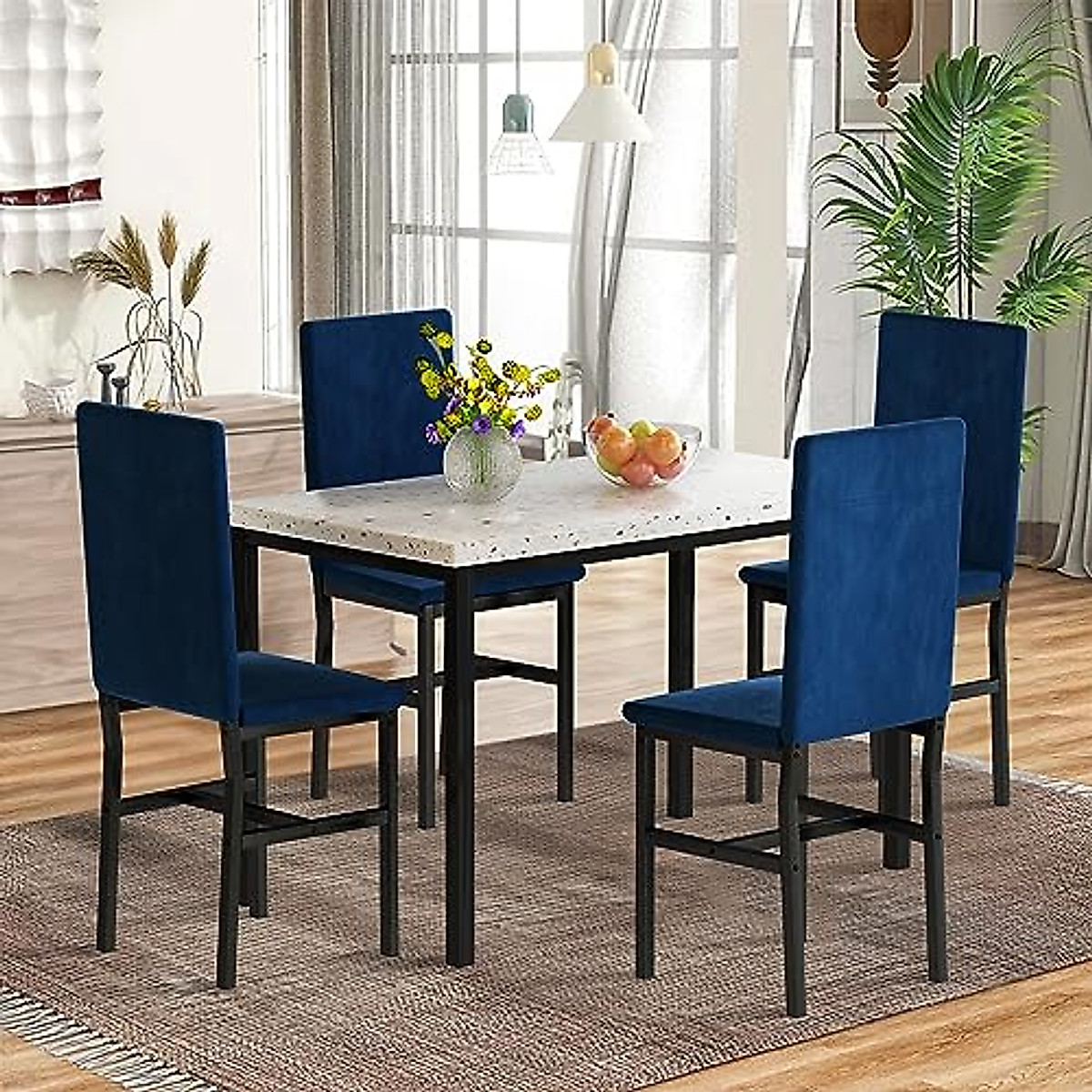 Hooseng Dining Table Set for 4, Faux Marble Kitchen Table and Chairs for 4, 5 Piece Dinner Kitchen Table Set -Size: 47L x 27W x 30H, Space Saving Dining Table Furniture Set for Apartment, Restaurant
