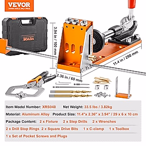 VEVOR 34 Pcs Pocket Hole Jig Kit, Adjustable Versatile Pocket Hole Jig with Toolbox,11" C-clamp, Fixture, Step Drills, Wrenches, Drill Stop Rings, Square Drive Bits-Gifts for Him