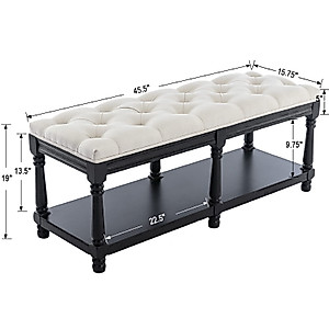 Guyou Farmhouse Storage Bench End of Bed Bench for Bedroom with Shelf 6 Foot, Fabric Upholstered Bench French Country Tufted Bench for Living Room Mudroom Black Washed Wood (Cream, 45”Lx19”Hx15.8”W)