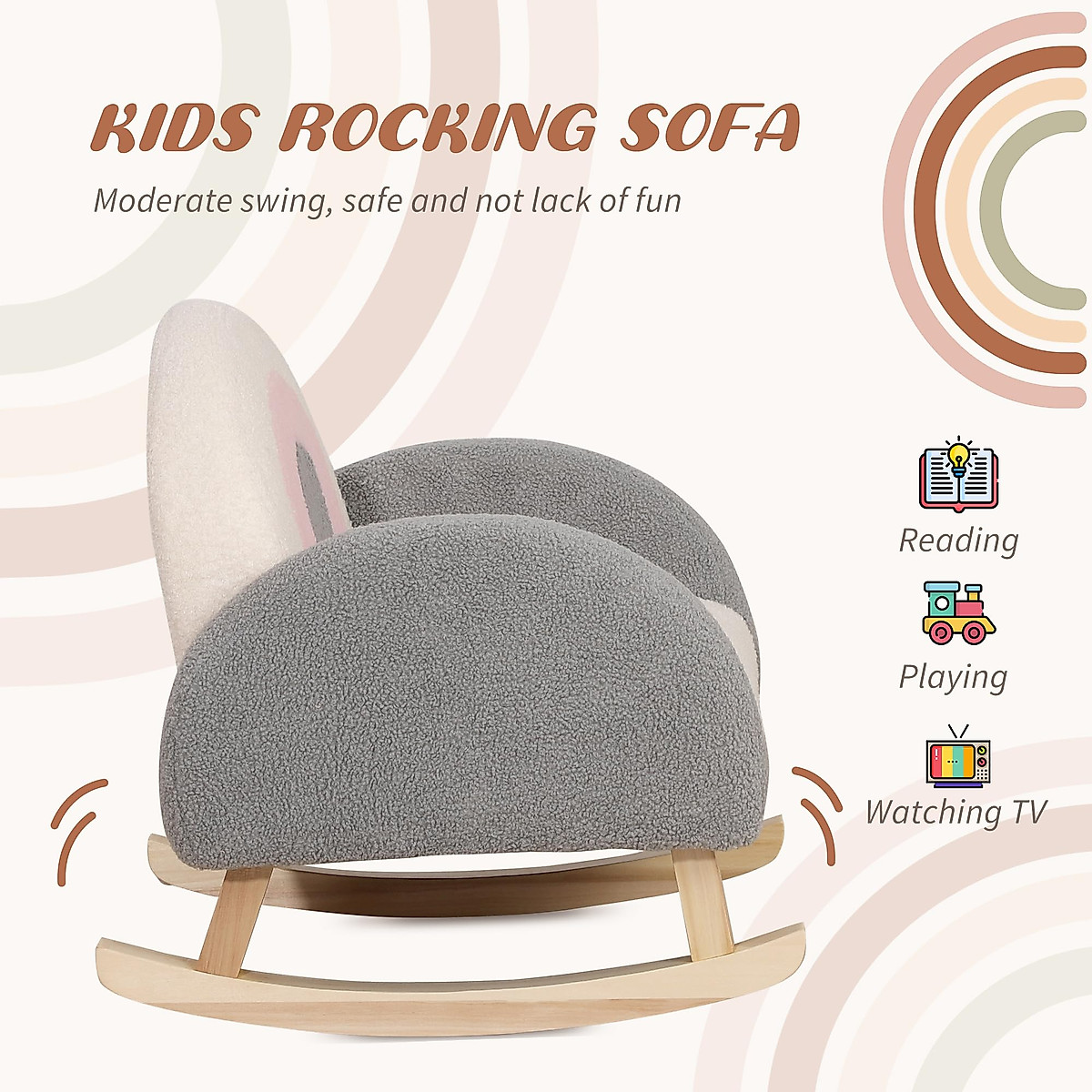 Qaba Kids Sofa, Toddler Rocking Chair with Solid Wooden Frame, Faux Lamb Fleece Fabric, Kids Arm Chair for Nursery or Playroom, Ages 18-36 Months, Gray