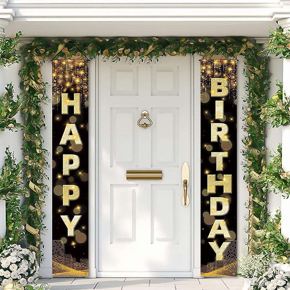 Happy Birthday Decorations Banner for Men Women Boys Girls, Black Gold Birthday Porch Sign Birthday Party Supplies Background for Birthday Party Favor Door Decorations, 72 x 12 Inch
