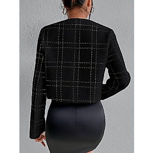 SweatyRocks Women's Plaid Long Sleeve Round Neck Button Down Crop Jacket Single Breasted Short Coat Top Black S