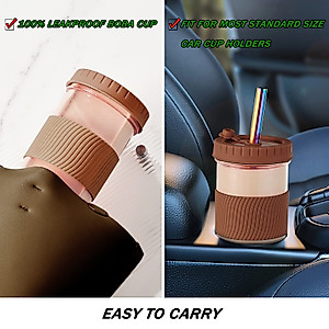 Amyoole 2 Pack Reusable Boba Cup,24Oz Wide Mouth Smoothie Cup,mason Jar Glass Cups with Lids and Straws,Bubble/Boba Tea Cups,Ice Coffee Tumbler 2 colored straws 1 sponge brush(Brown)