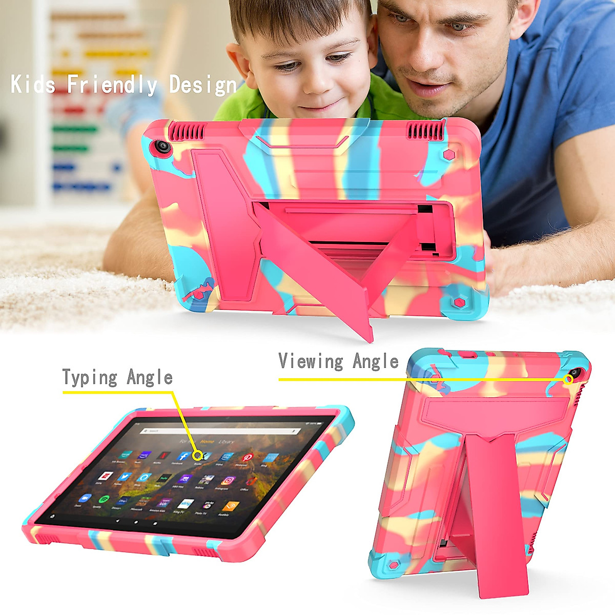 Epicgadget Case for Amazon Fire HD 10 and Fire HD 10 Plus (11th Generation, 2021 Released) - Heavy Duty Shockproof Hybrid Case with Kickstand + 1 Screen Protector Film and 1 Stylus (Candy/Pink)