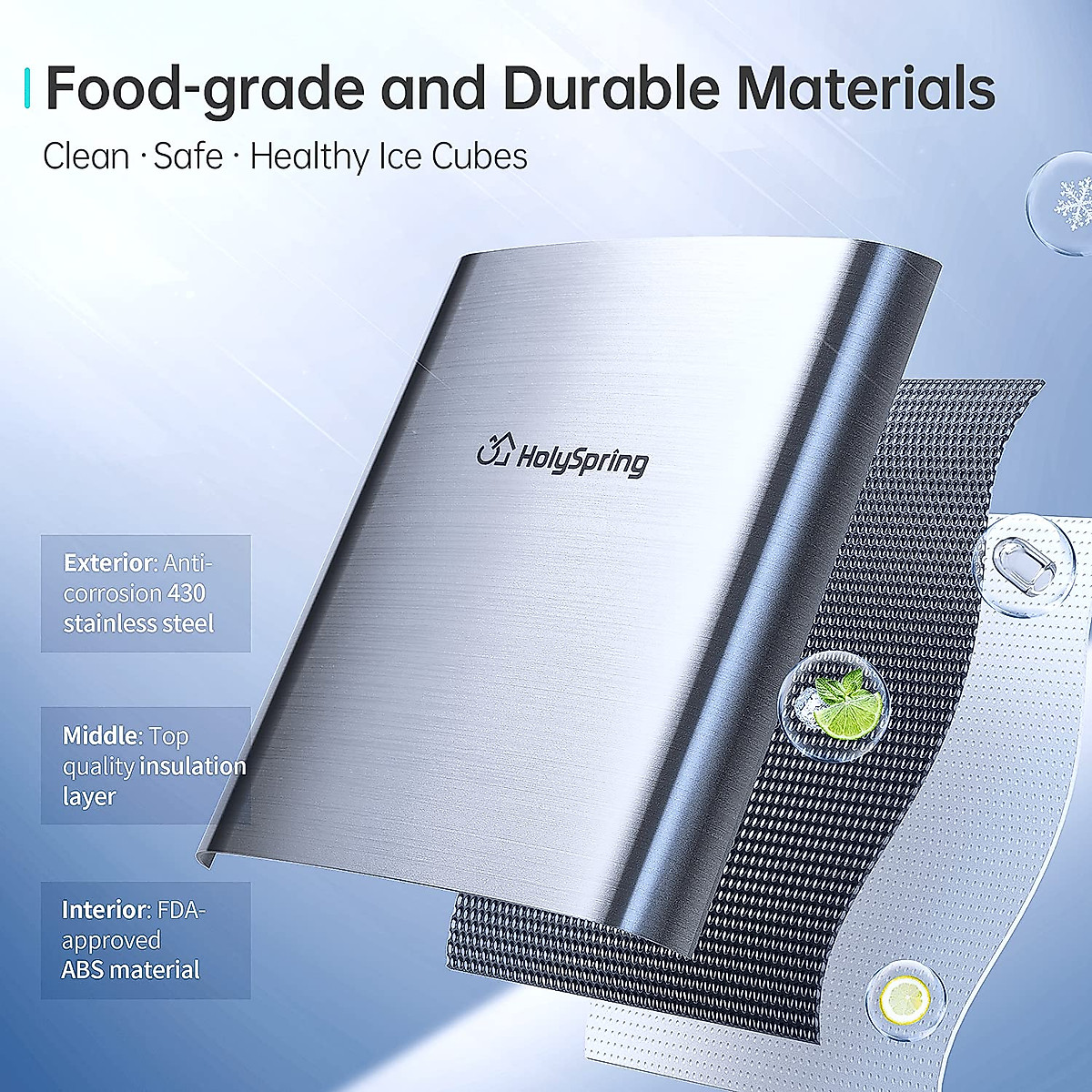 HolySpring Ice Maker Machine Countertop, Portable Ice Makers with Ice Bags and Standing Ice Scoop Basket, Countertop Ice Maker 2.1L w/Self Cleaning, 9 Bullet Cubes Ready in 5-7Mins, 26.5lbs in 24 hrs