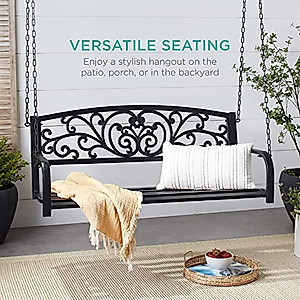 Best Choice Products 2-Person Metal Outdoor Porch Swing, Hanging Steel Patio Bench for Garden Deck w/Floral Accent, 485lb Weight Capacity - Black