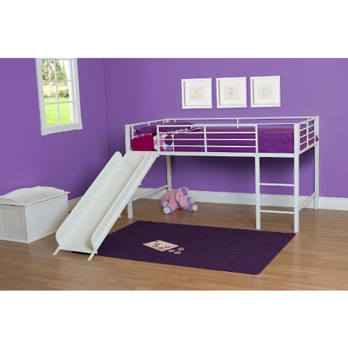 DHP Junior Twin Metal Loft Bed with Slide, Multifunctional Design, White with White Slide