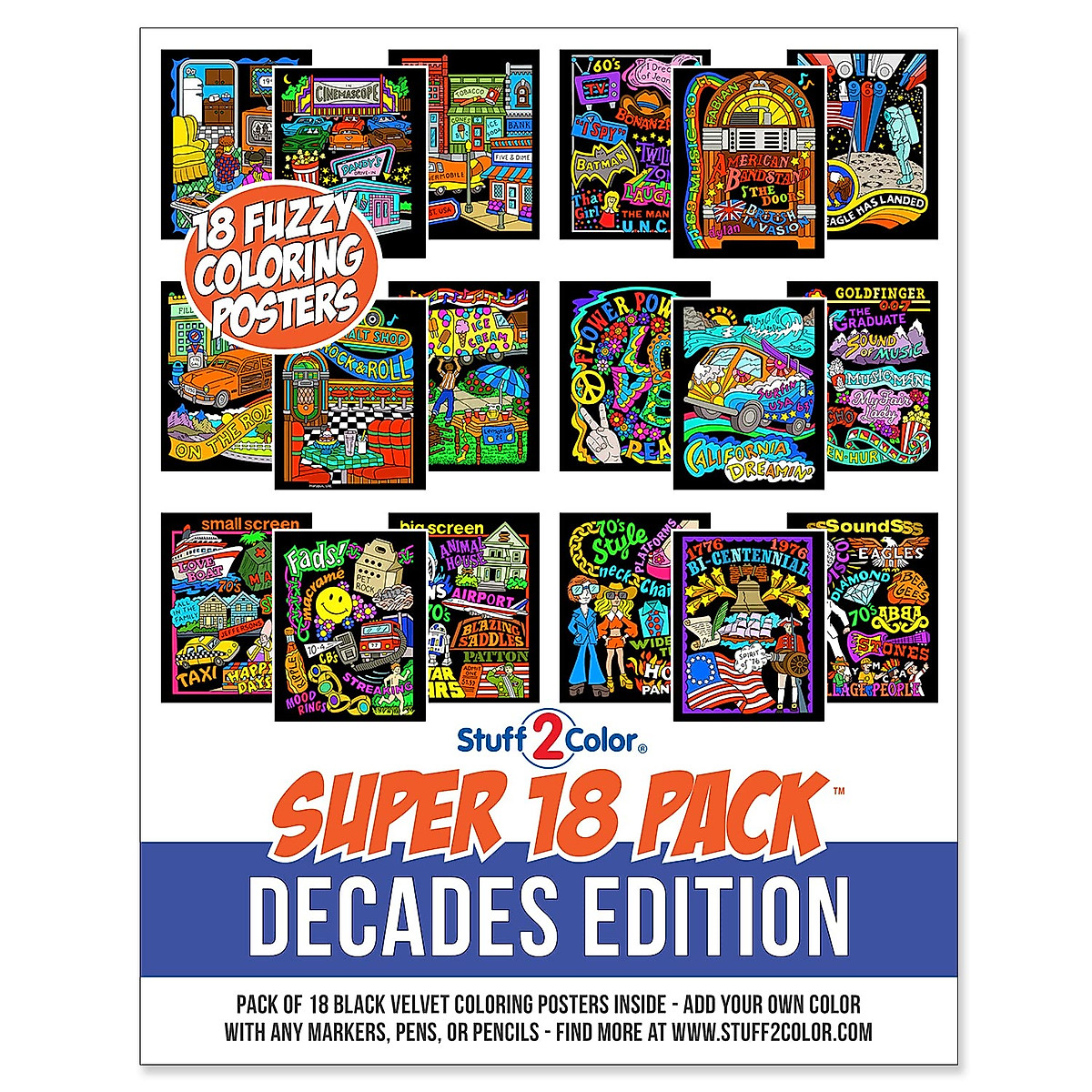 Stuff2Color Super Pack of 18 Fuzzy Velvet Coloring Posters (Decades Edition: 50's, 60's, 70's) - Great for Family Time, Arts & Crafts, Travel, At Home, Care Facilities [All Ages Coloring: Girls, Boys, Adults, Toddlers, Teens]