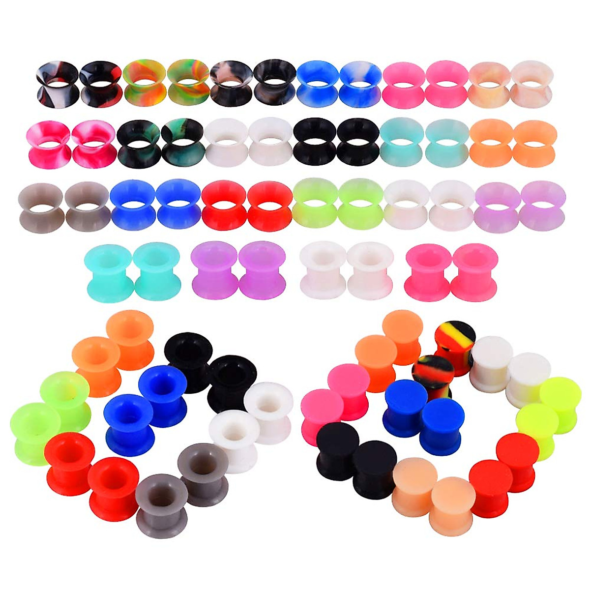 Longbeauty 36Pcs/76Pcs Colorful Soft Silicone Ear Gauges Flexible Ear Skin Tunnels Earlets Plugs Stretcher Expander Set Piercing Jewelry 2g-3/4