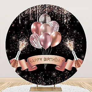 AWERT Polyester Diameter 7ft Round Happy Birthday Photos Backdrop Rose Gold Balloons Champagne Glitter Sequins Black Photography Background Girls Princess Birthday Party Studio Photo Props