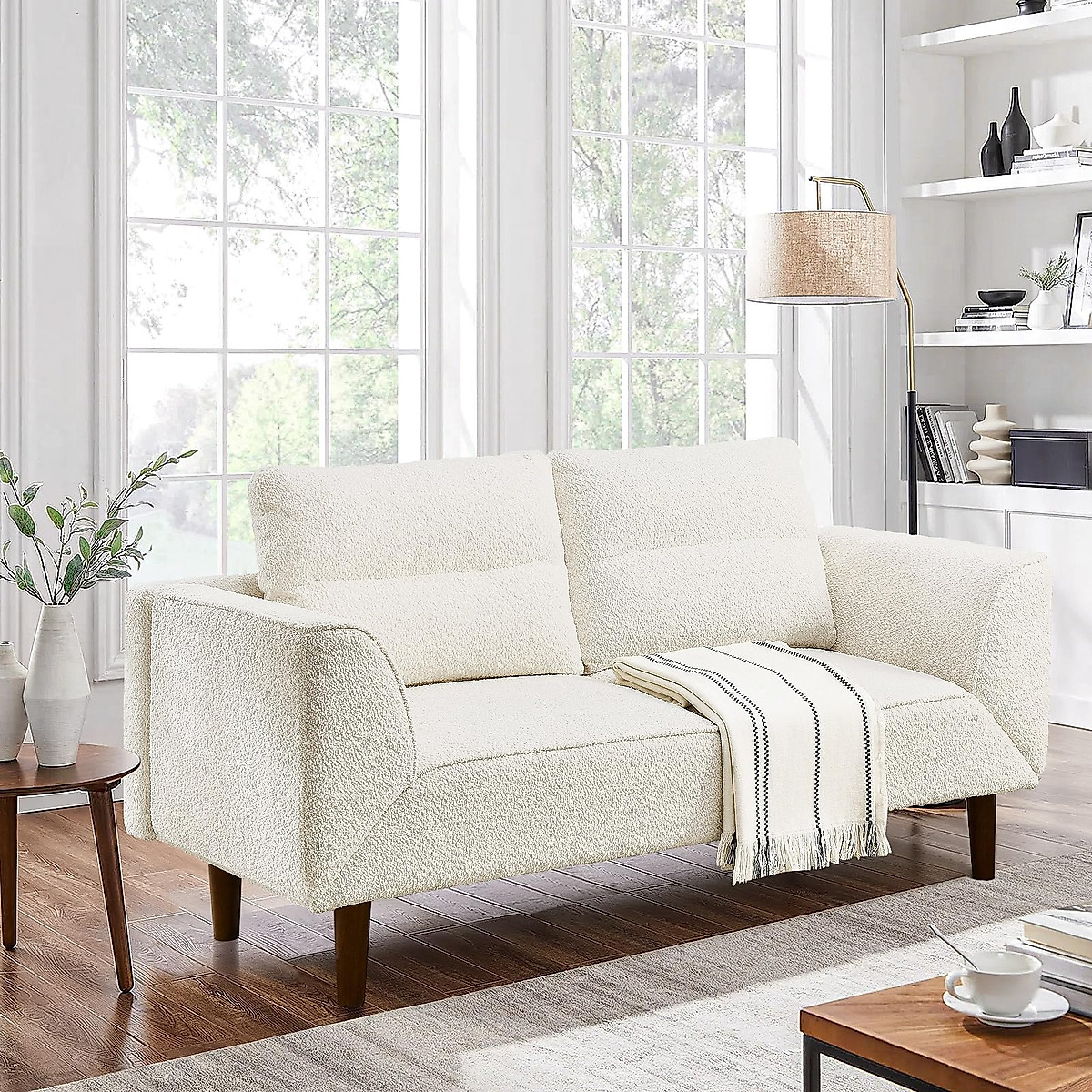 Antetek Loveseat Sofa with Adjustable Armrests, 64” Modern Futon Sleeper Sofa Bed w/Wooden Leg, Textured Boucle Comfy Love Seat Couches for Small Space, Livingroom, Apartment, Beige