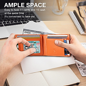 GSOIAX Slim Wallet for Men with 11 card Slots Rfid Blocking Carbon Fiber wallets Bifold Credit Card Holder Minimalist Leather With Gift Box (Carbon Black and Orange)