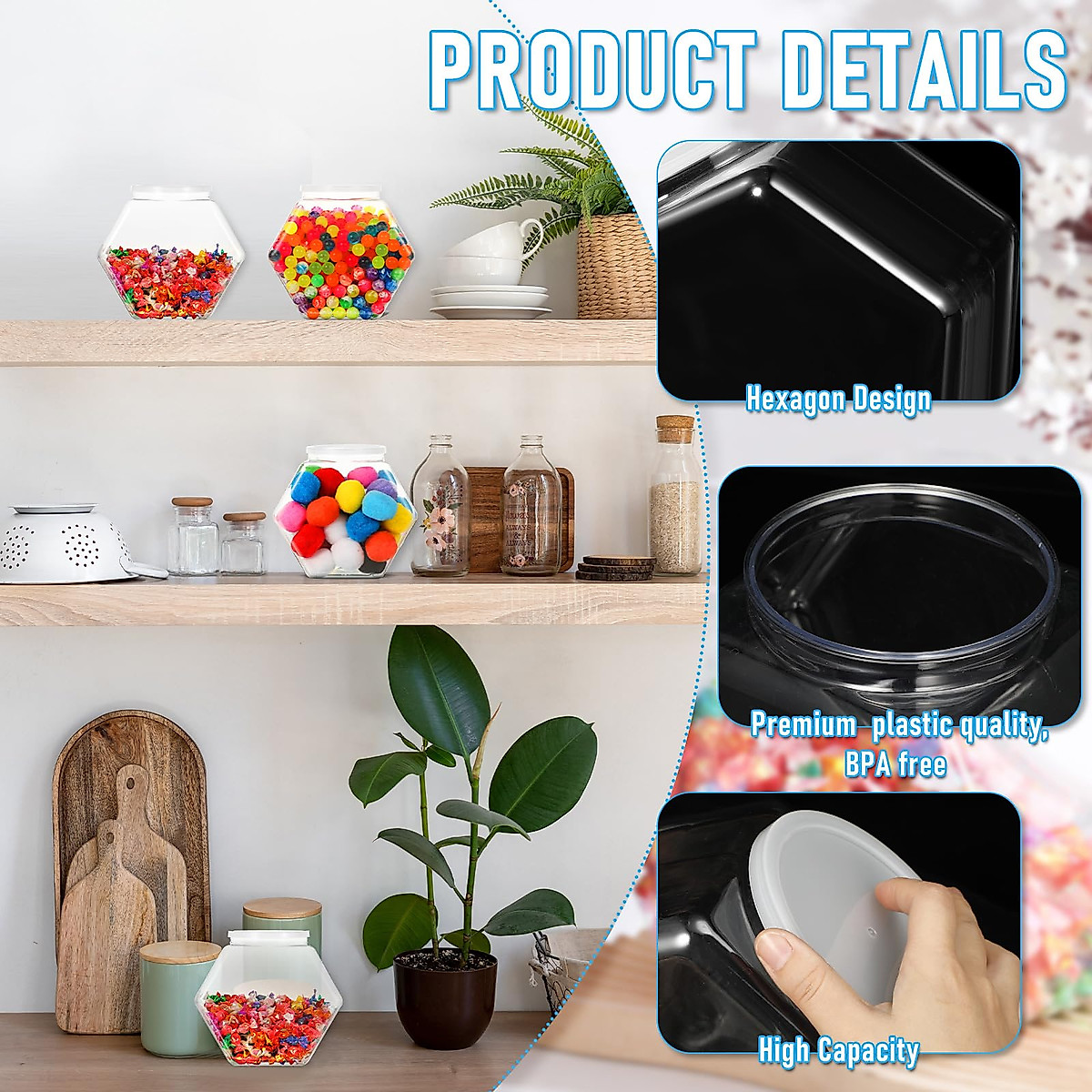 Uiifan 1 Piece Hexagonal Plastic Candy Jar with Lid Cookie Jar Clear Hexagonal Candy Containers for Snacks, Cookies, Dog Food, Craft and Sewing Supplies, Coffee Pod, Laundry Pod (29 oz)