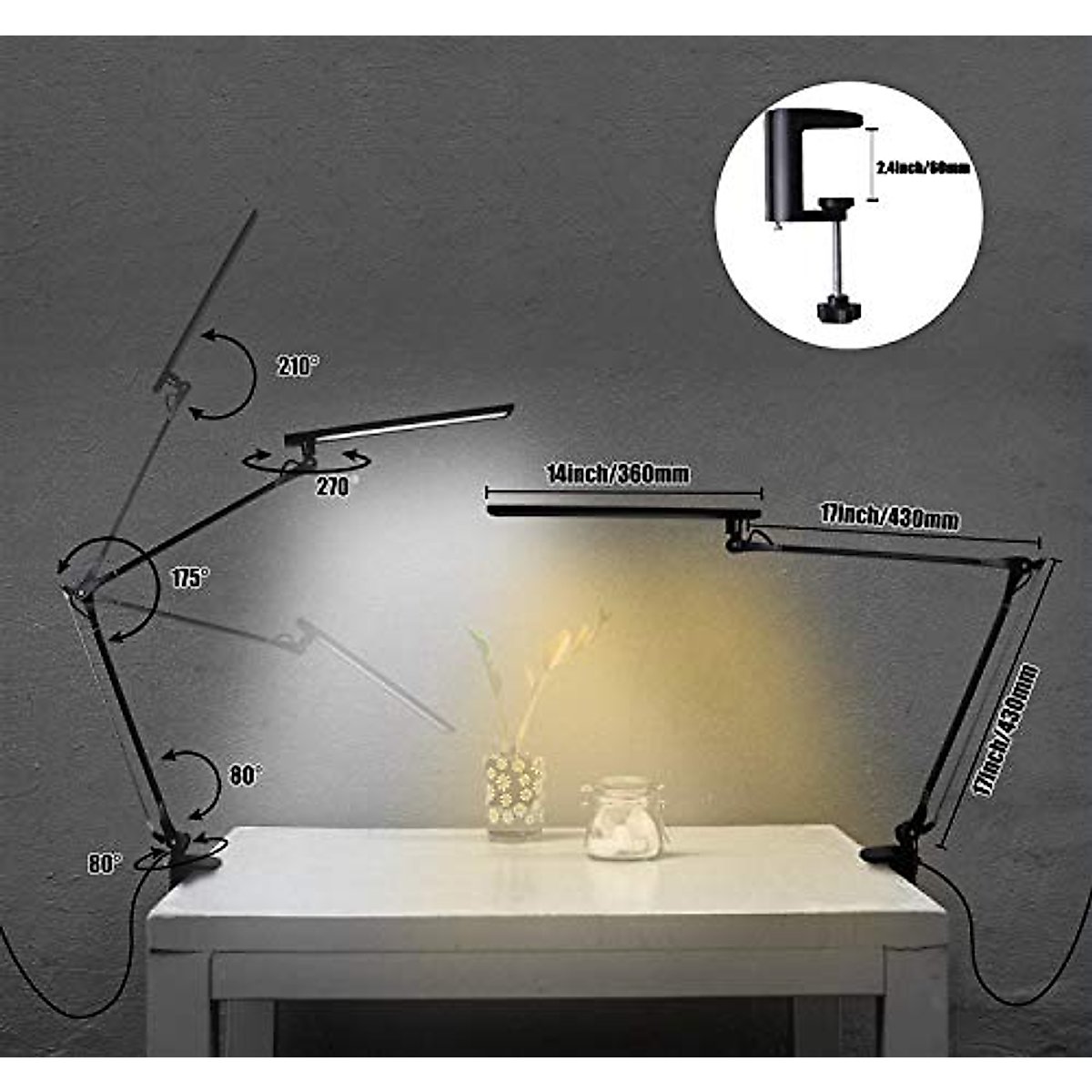 Amzrozky Drafting Table Lamp,Metal Architect LED Desk Lamp, Swing Arm Task Lamp with Clamp,Eye-Care Dimmable Office Light with 5 Color 5 Brightness,Touch Control,Memory Function,Black