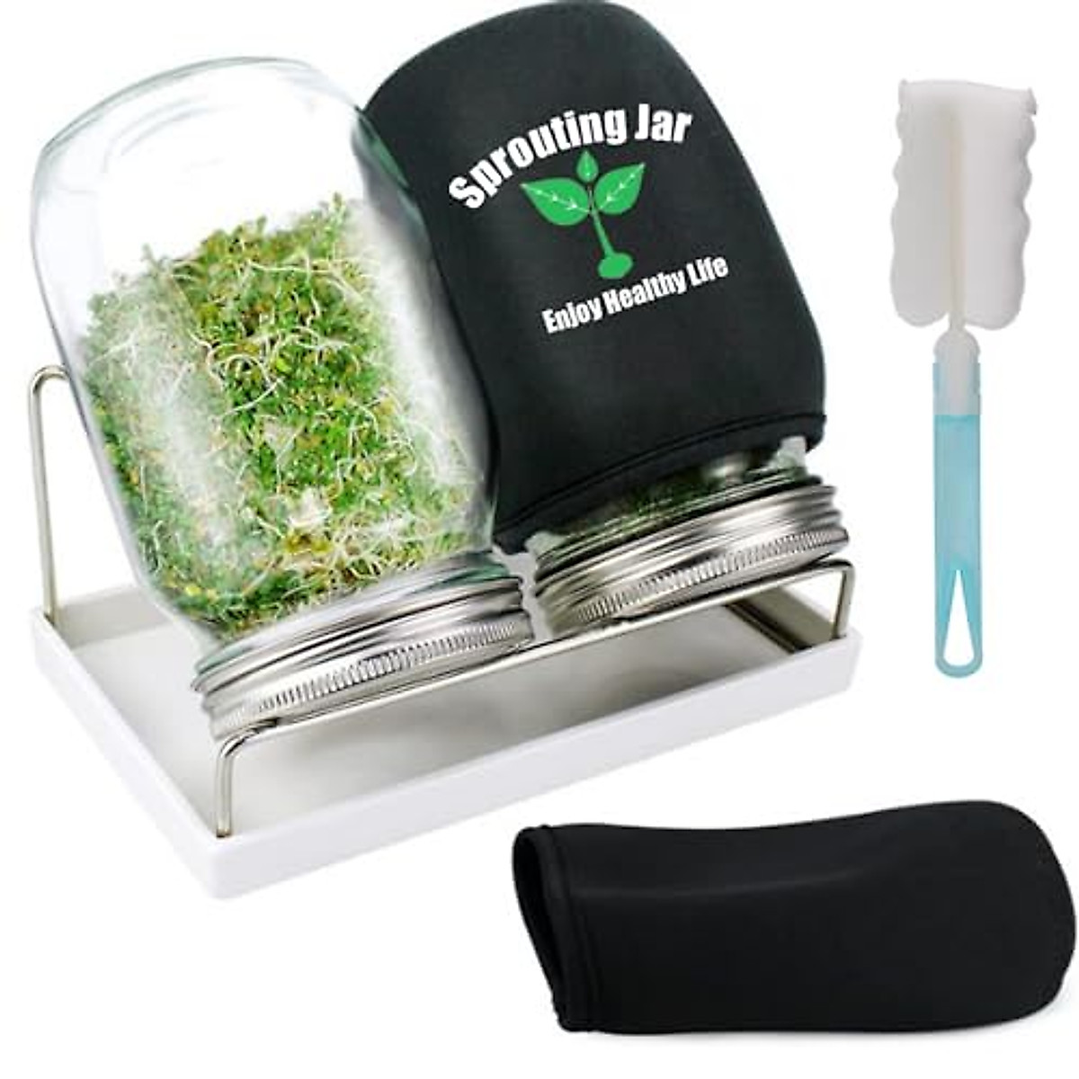 Mueuton Sprouting Jar Kit-2 Wide Mouth Quart Mason Jars（32oz with Stainless Steel Screen Sprout Lids, Tray, Stand and Canning Brush Seed Sprouter Set…