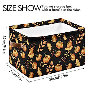 senya Thanksgiving Basket Fall Basket, Large Foldable Storage Basket with Handles Autumn Pumpkin Leaves Fall Thanksgiving Fabric Collapsible Storage Bins Organizer Bag