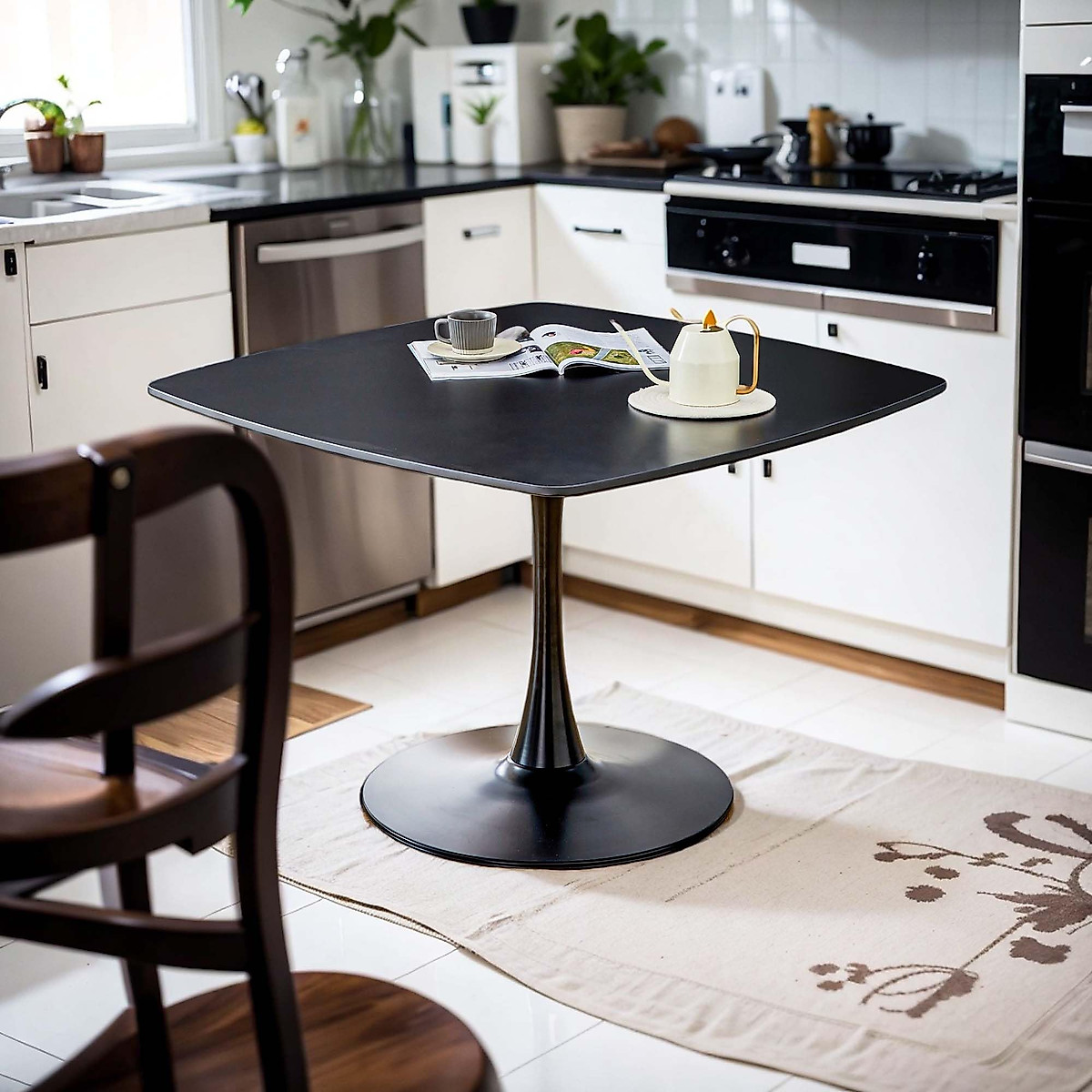 LABDIP Premium Mid Century Black Dining Table - Sturdy 42.1" Wood Top - Easy Assembly - Versatile 4-6 Seater Kitchen & Coffee Table Pedestal End Table