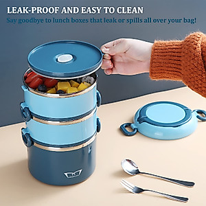 Mr.Dakai Bento Box Adult Lunch Box -81oz Stackable Bento Lunch Box for Adults,3-Tier All-in-One Insulated Thermal Food Containers,Leakproof Lunchbox with Bag/Utensil for Dining Out,Work,Blue