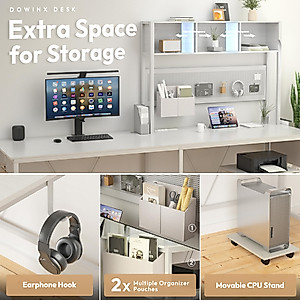 Dowinx L Shaped Desk with Pegboard and Removable Filing Cabinet, Reversible 67” Computer Gaming Desk with Power Outlet and Led, Office Corner Desk with Storage for Home Game, White