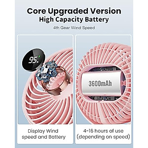SHEWIND Stroller Fan, LED Light Portable Fan, 3600mAh Battery Operated Small Clip on Fan, 4 Speed Rechargeable Mini Personal Fan Cooling Travel Fan For Car Seat Crib Treadmill (Pink)