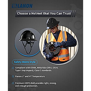 LANON Black Full Brim Hard Hat, OSHA Construction Work Approved, HDPE Safety Helmet with 4 Point Adjustable Ratchet Suspension, Class E, G & C